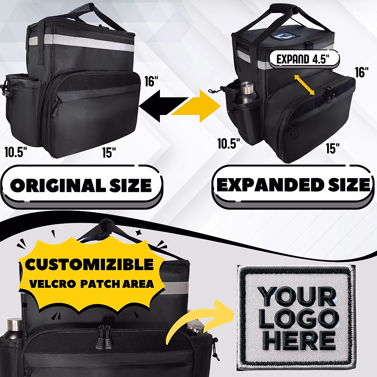 Insulated Food Delivery Backpack made with Expandable 1680D commercial-grade fabric features customizable Velcro patch area for branding, ideal for bike deliveries, Uber Eats, DoorDash, Grubhub