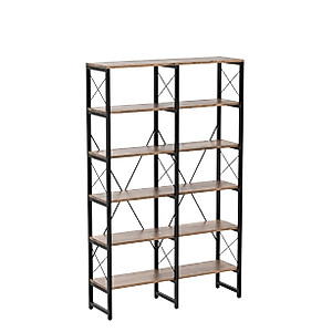oneinmil Double Wide 6-Tier Bookshelf, Industrial Bookcases with Metal Frame, Open Large Book Shelf, Wood and Tall Display Shelves for Home and Office, Rustic Brown and Black
