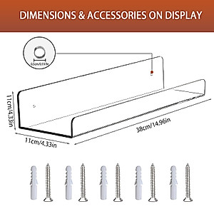 15" Acrylic Wall Shelves Storage Rack, Floating Wall Mounted Display Shelves, Kids Bookshelf Punch-free for Bedroom, Living Room, Bathroom, Kitchen With Screws and Super Glue(Single Load-Bearing 10KG)