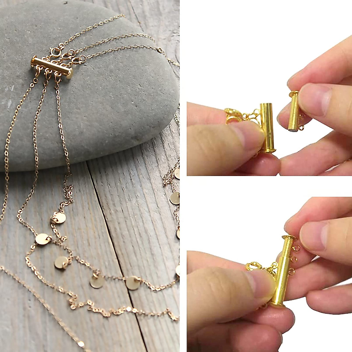YMCAFZ Layered Necklace Spacer Clasp, 3 Strands Necklaces Slide Magnetic Tube Lock with Lobster Clasps, Jewelry Clasps Connectors for Layered Bracelet Jewelry Crafts Necklace, 2 Pack Gold and Sliver