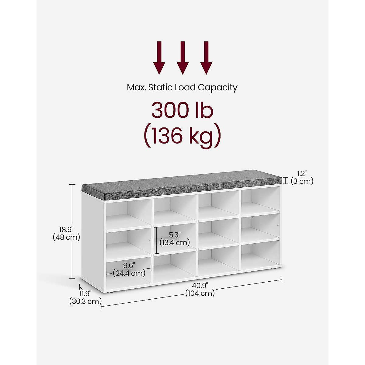 VASAGLE Shoe Bench with Cushion, Storage Bench with Padded Seat, Entryway Bench with 12 Compartments, for Bedroom, 11.9 x 40.9 x 18.9 Inches, Cloud White and Dove Gray ULHS012W14