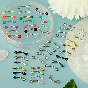 Suotarn 47pcs 16G Stainless Steel Eyebrow Piercing Rings Clear CZ Curved Barbell Helix Daith Rook Earrings Piercing Body Jewelry for Women Men