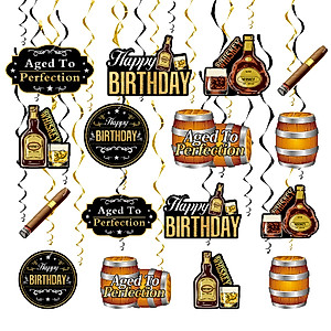 30Pcs Whiskey Birthday Party Decorations for Men,Vintage Aged to Perfection Birthday Party Supplies, Black Gold Whiskey Themed Cheers Themed Happy Birthday Hanging Swirls Decor