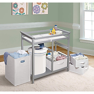 Badger Basket Modern Baby Changing Table with Laundry Hamper, 3 Storage Drawers and Pad, Diaper Change Station - Gray/White
