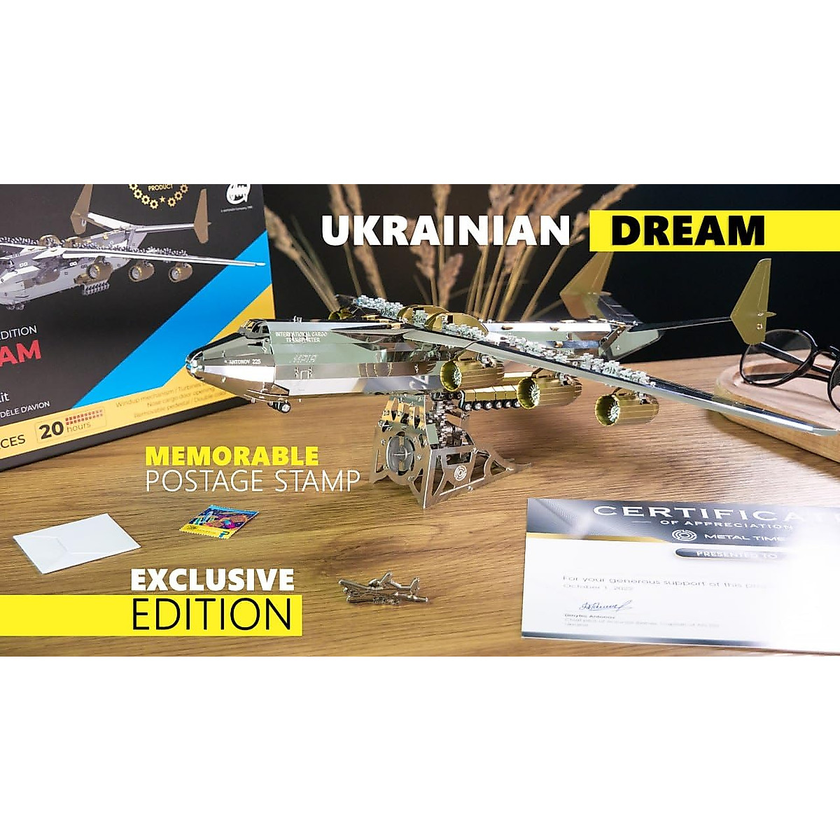 METAL-TIME ANTONOV Mriya AN-225 Exclusive Edition Official Product, Mechanical model, Cargo Aircraft, 3D Model DIY Kit, Airplane Working Model UKRAINIAN DREAM