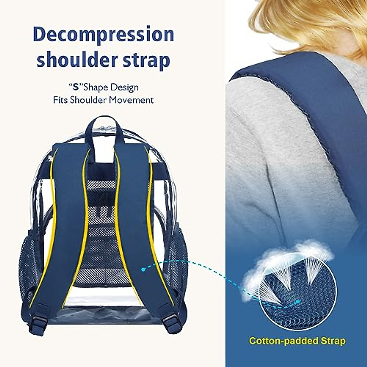 F-color Clear Backpack Heavy Duty - Large Clear Backpacks for School PVC Transparent Bookbag for Students Work Travel, Navy Blue