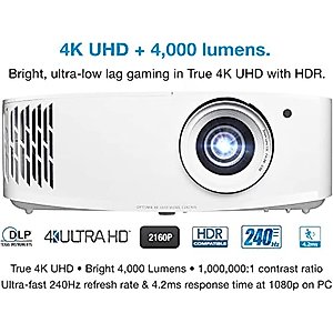 Optoma UHD38x Bright, True 4K UHD Gaming Projector | 4000 Lumens | 4.2ms Response Time at 1080p with Enhanced Gaming Mode | Lowest Input Lag on 4K Projector | 240Hz Refresh Rate | HDR10 & HLG