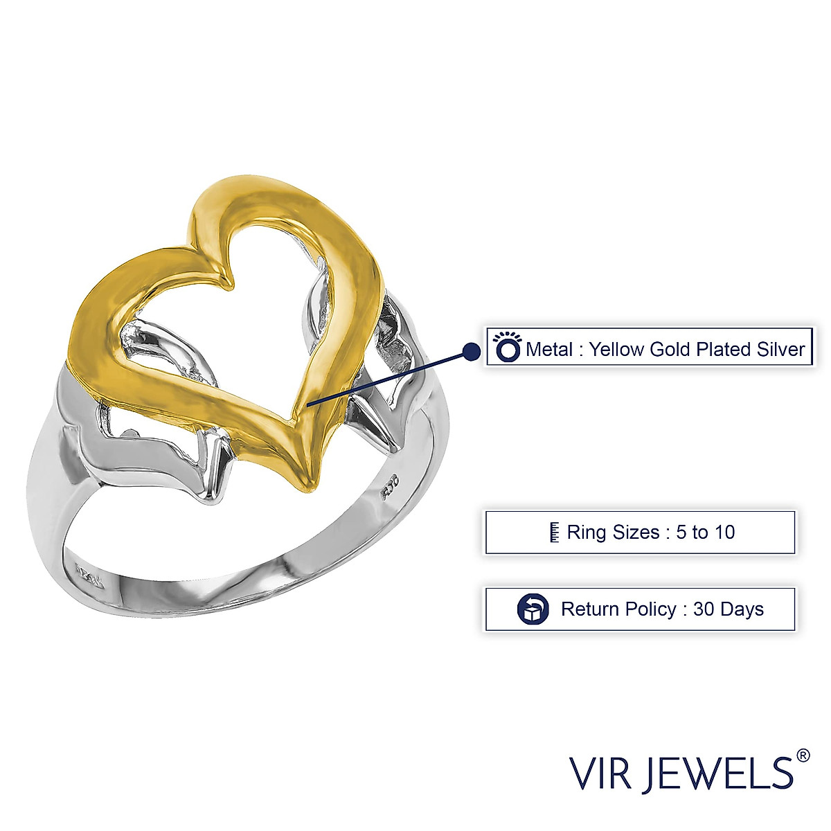 VIR JEWELS Three Hearts Fashion Ring for Women in Yellow Gold Plated over .925 Sterling Silver Size 9