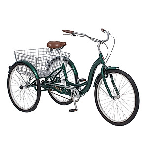 Schwinn Meridian Adult Tricycle Bike, Mens and Womens Three Wheel Beach Cruiser, 26-Inch Wheels, Low Step-Through Frame, Wide Seat, Rear Folding Basket, 1-Speed, Green
