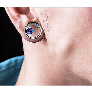 PiercingPoint 1 Piece of 00 Gauge - 10mm Blue Sapphire Bezel Set Crystal Stone on Sugical Steel Internally Threaded Ear Gauge Flesh Tunnel
