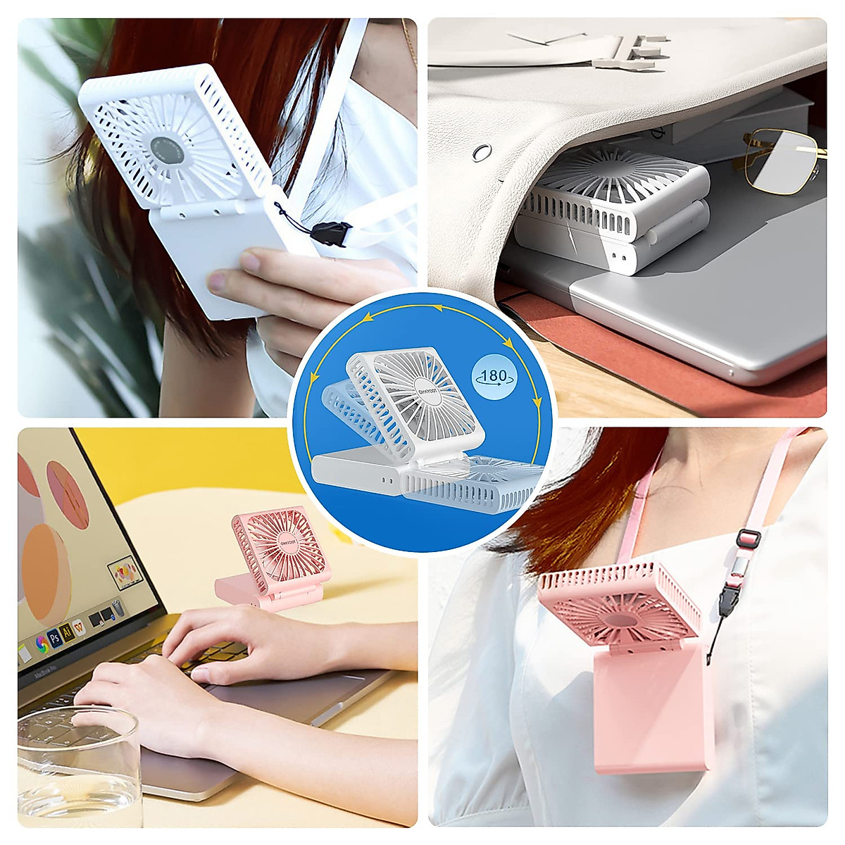OHKYOOT Portable Travel Fan,Foldable Mini Desk Fan,USB Rechargeable Neck Fan for Travel,Outdoors,Indoors (Pink)