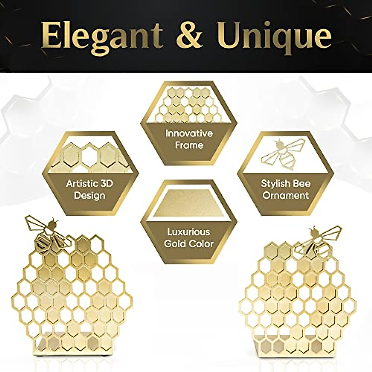 Honeycomb Book Ends - Premium Gold Decorative Bookends for Shelves - Heavy Duty Bookends for Heavy Books - Modern Metal Non-Skid Book Holders (1 Pair, 2 Pieces) by Special Lucy