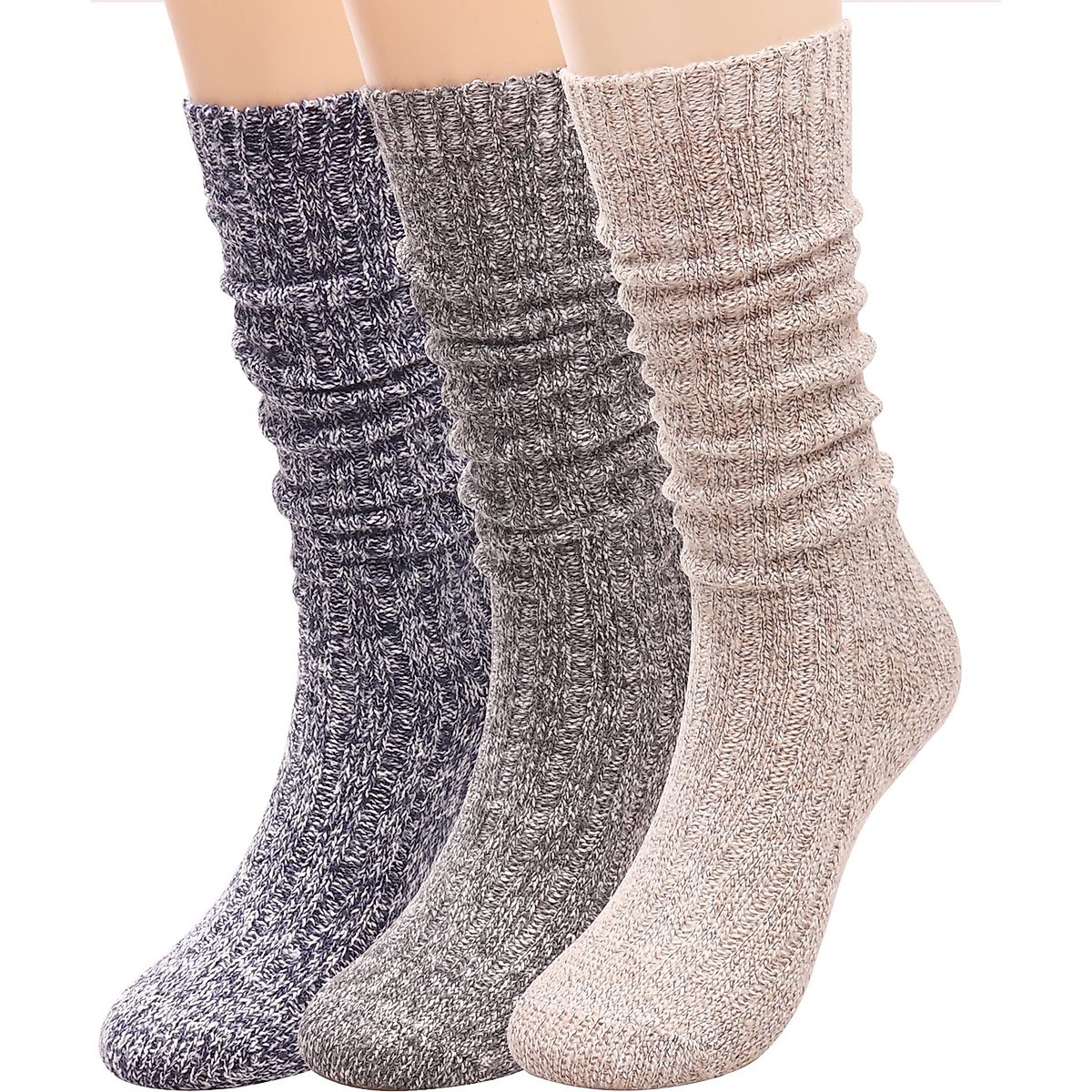 TINTAO 3 Pairs Women Winter Wool Cable Knit Crew Knee High Boot Socks,Size 5-11#W919 (Polyester Blend, Color A01)
