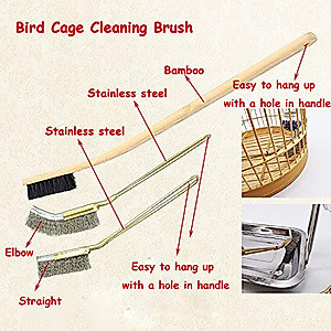 Bonaweite 3 Pack Wooden & Stainless Steel Long Handle Bird Cleaning Brush, Pet Supply Cage Accessory for Parrot Birds