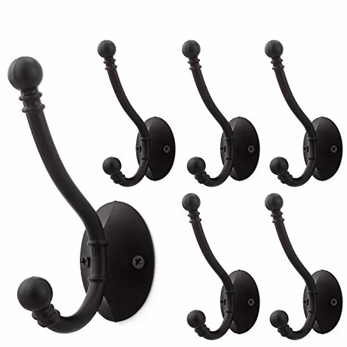 6 PCS 3-3/4 Inch Double Prong Retro Coat and Hat Hook Heavy Duty Metal Wall Hangers with Ball Ends (Screws Included), Flat Black
