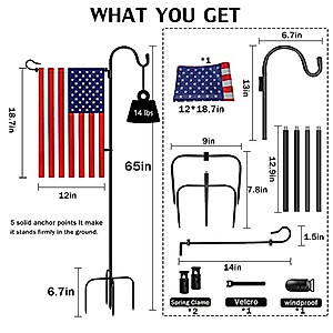 Garden Flag Stand, Adjustable Heavy Duty Flag Pole Holder with American Flag, 65inch Shepherds Hook for Hanging Flag, Bird Feeder, Solar Lights, Plant Hanger etc, Outdoor Garden Yard Flag Pole Kit