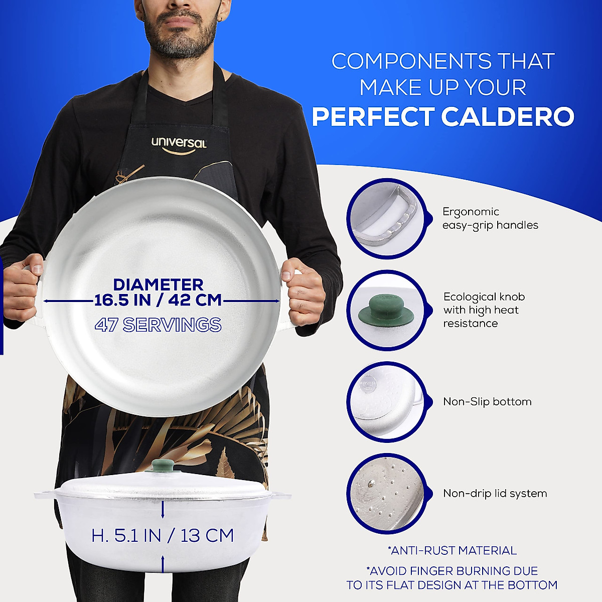 Universal Large Caldero 47 Cups - 17 QT / 16 L, Stainless Aluminum Pot, Even Heat Distribution and Fast Cooking Dutch Oven Pot with Lid, Ergonomic Handles, Ideal for Rice, French Fries, and More