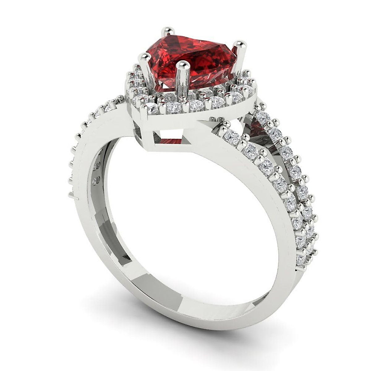 Clara Pucci 1.72ct Heart Cut Solitaire Halo split shank Natural Scarlet Red Garnet designer Modern Statement Ring Solid 14k White Gold