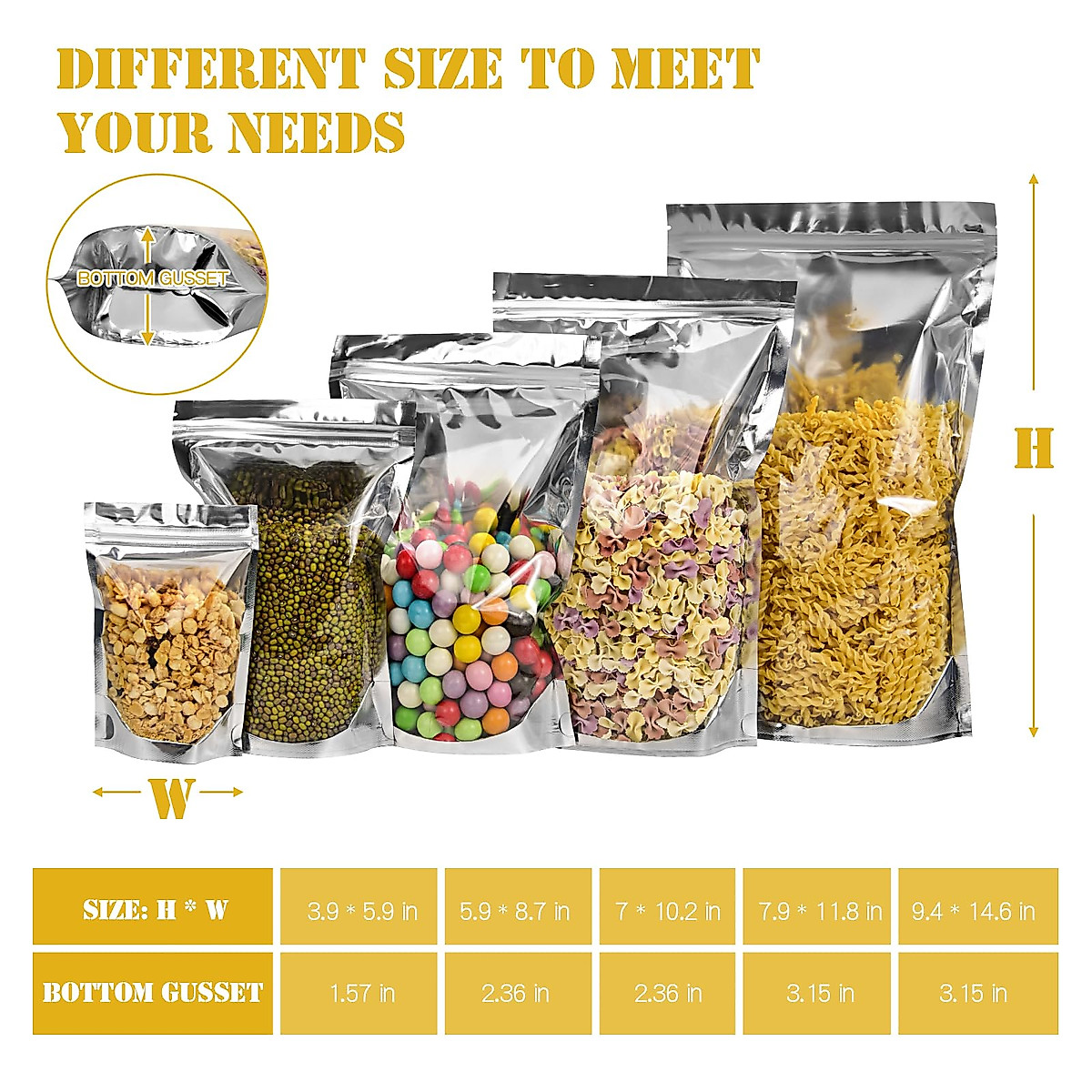 100PCS Resealable Mylar Bags for Food Storage, 5.9'' x 8.7'' Smell Proof Ziplock Bags Freestanding, Aluminum Foil Packaging Pouches Bag for Cookies, Nuts, Tea, Candy - 6.3 Mil