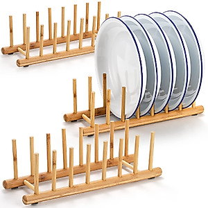 Dicunoy 3 Pack Wooden Plate Holder, Bamboo Wood Peg Dish Racks, Pot Lid Holder Organizer Drying Rack for Kitchen Cabinets, Bowls, Coasters, Cups, Cutting Board, Food Container Lids