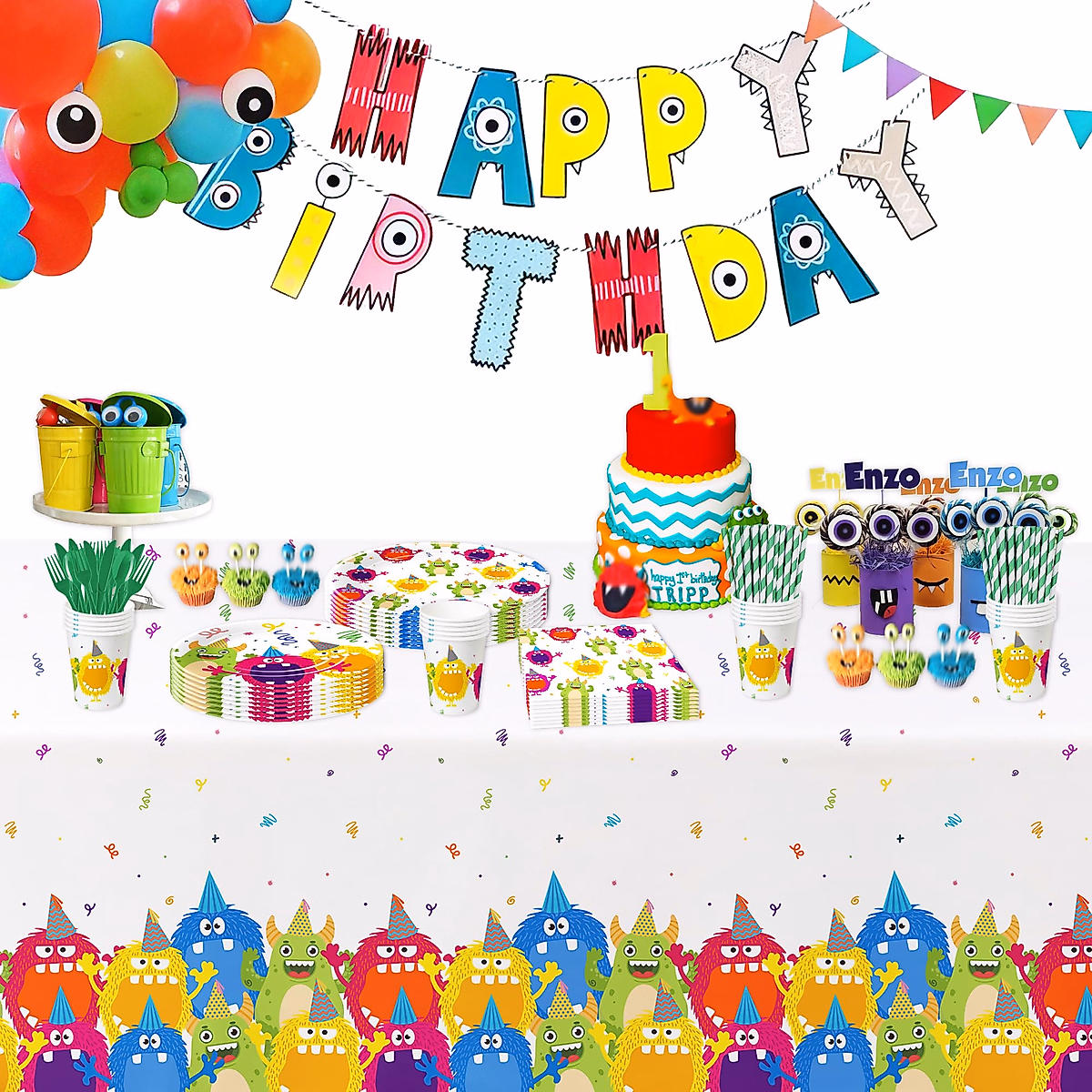 Xigejob Monster Birthday Party Supplies - Monster Party Decorations Tableware, Plate, Cup, Napkin, Tablecloth, Cutlery, Monsters Theme 1st 2nd 3rd Birthday Baby Shower Decorations Dinnerware| Serve 24