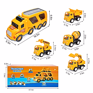 Kids Construction Trucks Toys for 3 4 5 6 Years Old Toddlers Kids, Car Toys Set with Sound and Light, Toy Vehicles in Friction Powered Carrier Truck, Christmas Birthday Gifts for Boys and Girls