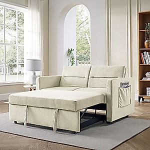 Melpomene Loveseat Sleeper Velvet Couch with Pull-Out Bed, Oversized Armchair and Convertible Sofa Bed with Adjustable Back 55" and Arm Pockets (Beige)
