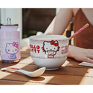 Silver Buffalo Sanrio Hello Kitty x Nissin 20-Ounce Ramen Bowl With Chopsticks and Spoon
