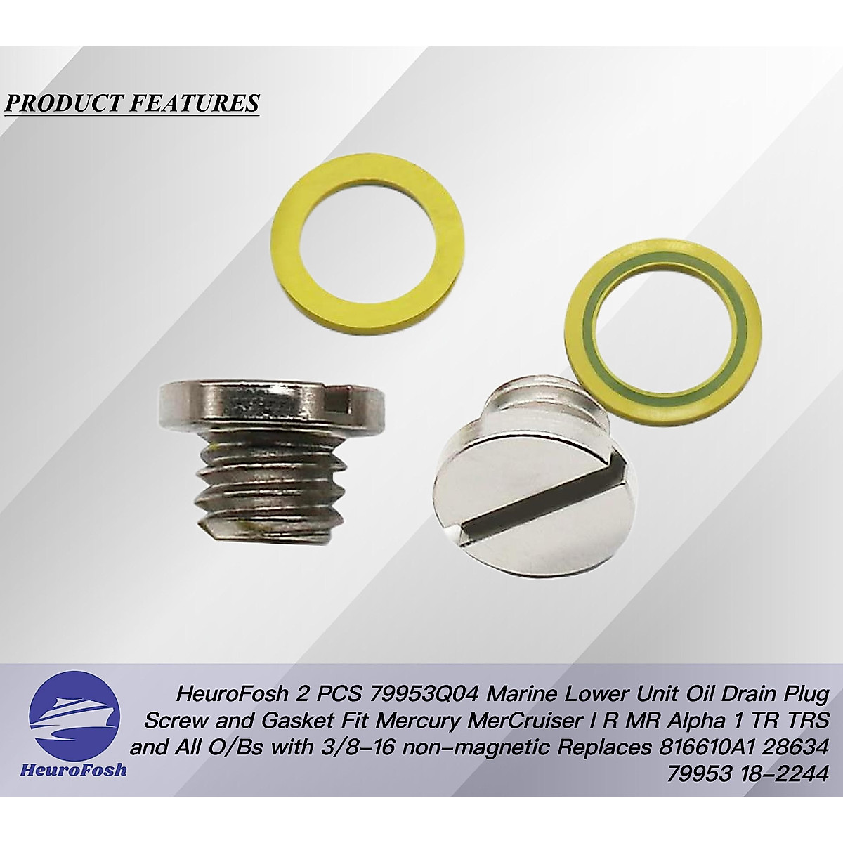 HeuroFosh 2 PCS 79953Q04 Marine Lower Unit Oil Drain Plug Screw and Gasket Fit Mercury MerCruiser I R MR Alpha 1 TR TRS and All O/Bs with 3/8-16 non-magnetic Replaces 816610A1 28634 79953 18-2244