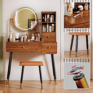 sbdmirau Vanity 35" W, Vanity Desk with Round Mirror and Lights, Brown Vanity Makeup Table with Chair, with Open Compartment and 3 Drawers, 3 Lighting Modes Gift for Girls and Women Brown Vanity