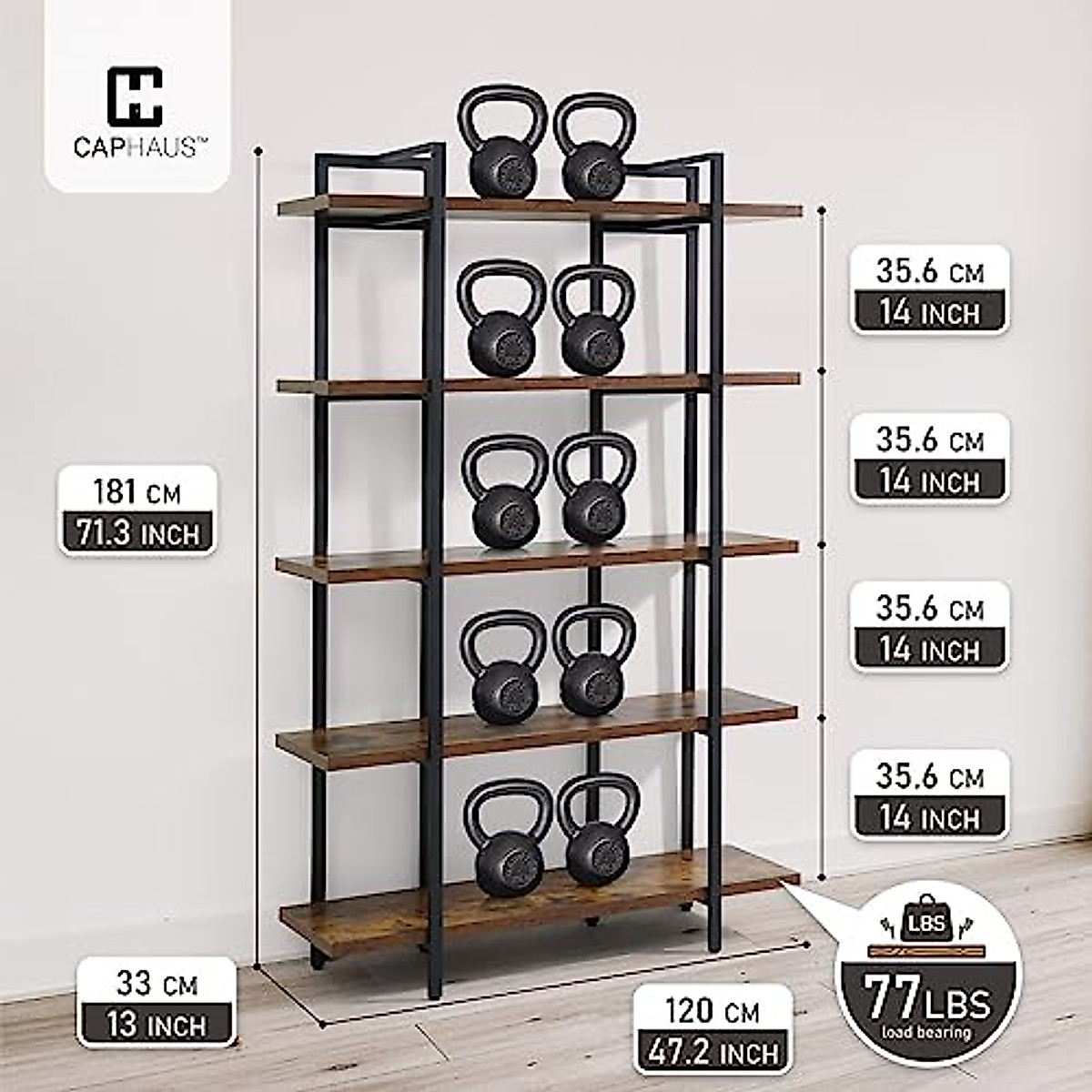 CAPHAUS 5-Tier Book Shelf, 71” H Vintage Industrial Bookcase with Open Display Shelving, Wooden and Metal Shelving Unit, Bookshelves and Bookcases, Stand Shelf for Bedroom, Home Office, Rustic Oak