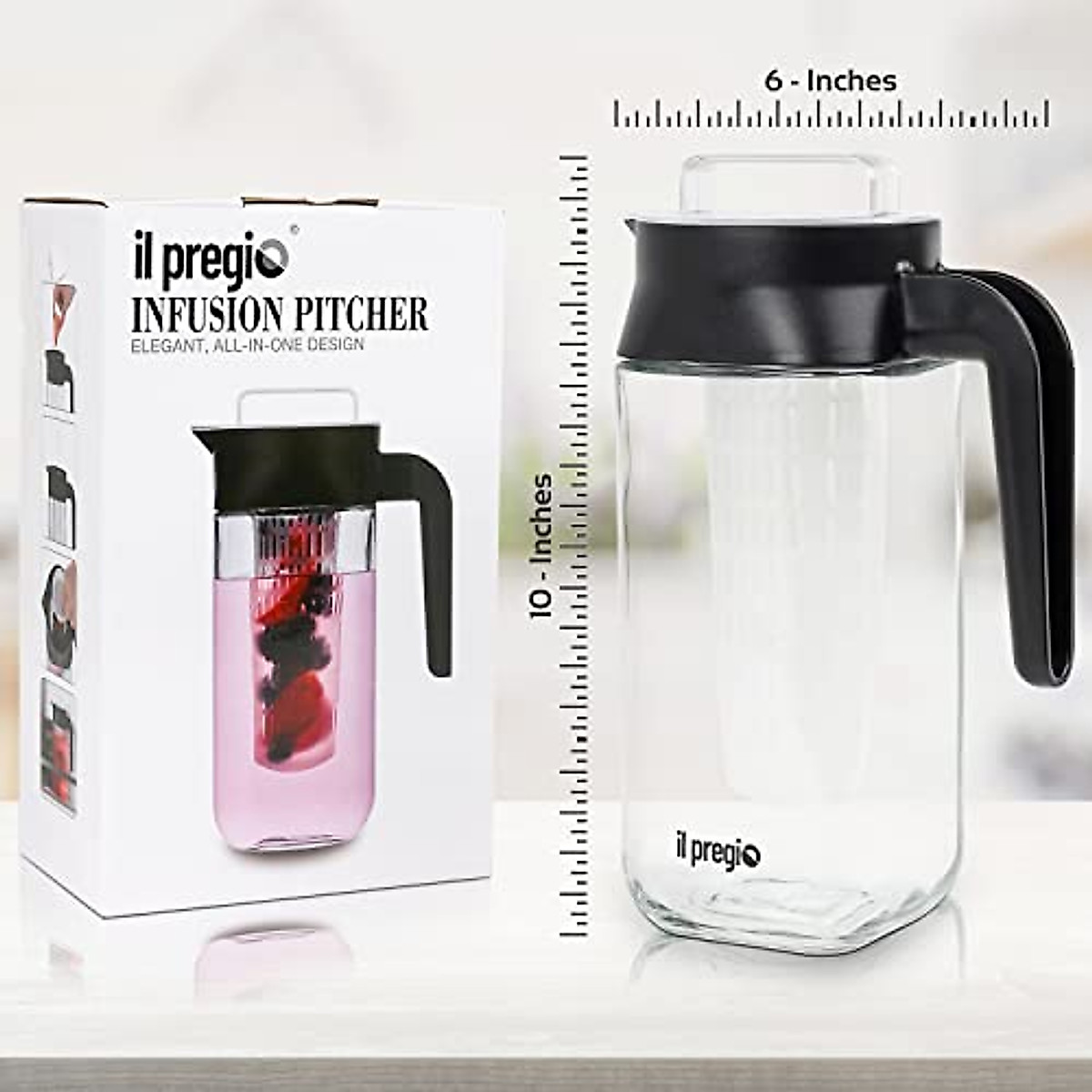 Fruit Infuser Water Pitcher, 36 Ounce Food Grade Borosilicate Glass Infusion Jug Ideal for Iced Juice, Beverages, Water, Lemon, Fruit Wedges & Herbs | Small Pitcher, 4.5 Cups