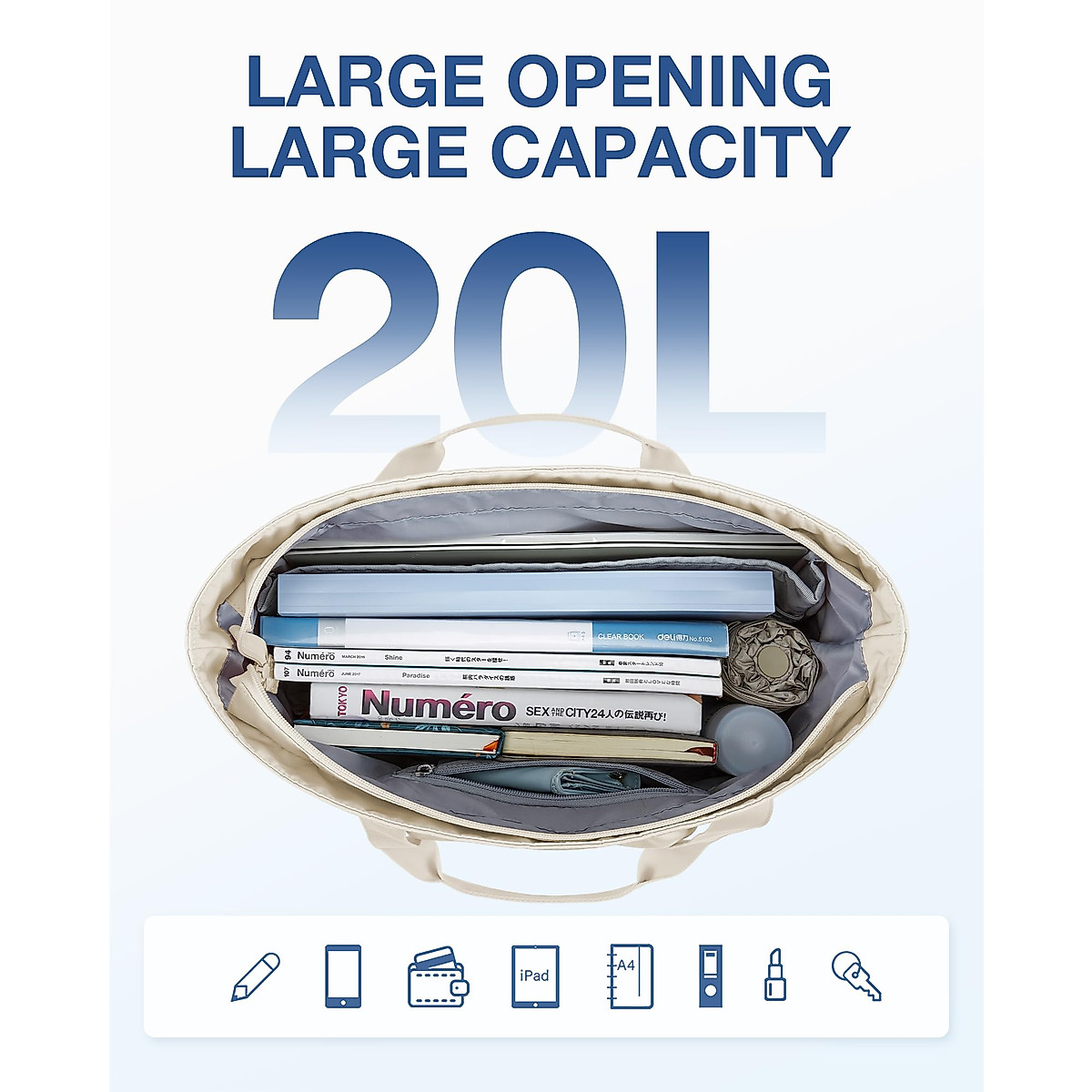 BAGSMART Women Tote Bag Large, Travel Tote Shoulder Bag with Compartment and Zipper, Top Handle Handbag for Travel, Work, Beach, Gym, Shop (Beige)