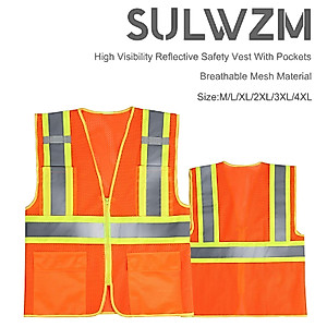 SULWZM High Visibility Reflective Safety Vest with Zipper and Pockets Orange,L