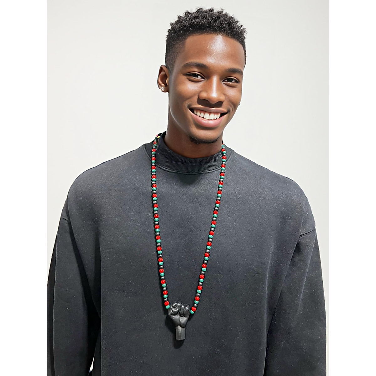 Hip Hop Rising Fist Pendant 8 mm 24, 27, 30 inches Wooden Bead Necklace (Multi Beads, 36)