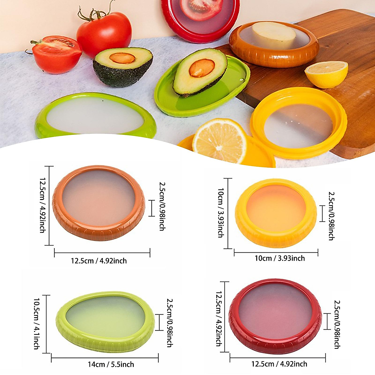 rimzuej 4PC Fruit and vegetable Anti-oxidation Storage Box,Silicone Fruit Storage Box, Storage Containers for Fridge, Reusable Food Saver for Avocado Tomato Onion Lemon（4-pack）