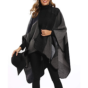 Epsion Women's Color Block Shawl Wrap Plus Size Cardigan Poncho Cape Open Front Long Winter Sweater Coat Black