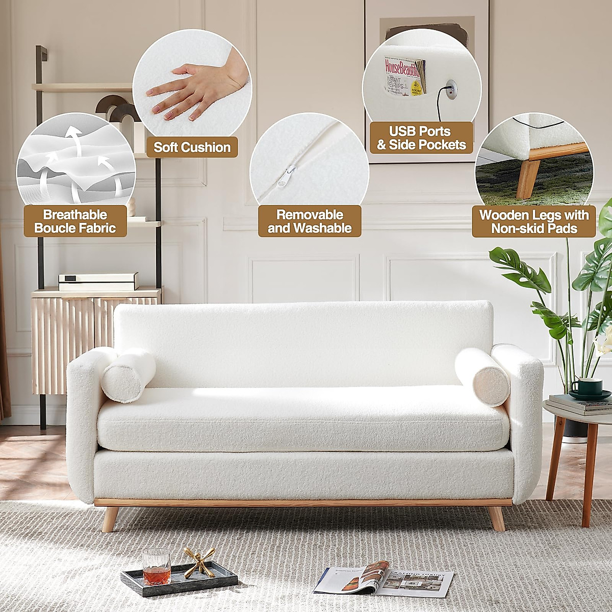 63" W Loveseat Sofa,White Boucle Couch with LED Lights and USB Ports Modern Fluffy Love Seat Couches 2 Seater Comfy All-Wood Washable Covers Sofa Furniture for Bedroom Living Room Small Space Office