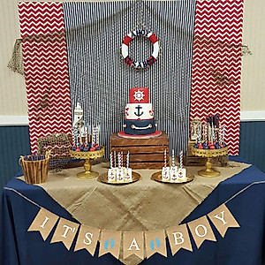 Uniwish It's A BOY Banner Burlap Fabric, Rustic Hanging Bunting Christening Garland Baby Shower Party Decorations for Baby Boy with Blue Footprint