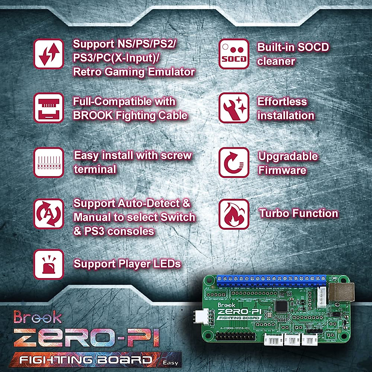 Brook Zero- Pi Fighting Board Easy Version - Compatible with Switch/ PS3/ PS2/ PS/PC(X-Input)/ Retro Gaming Emulator to Arcade Stick Screw Terminal Header Included