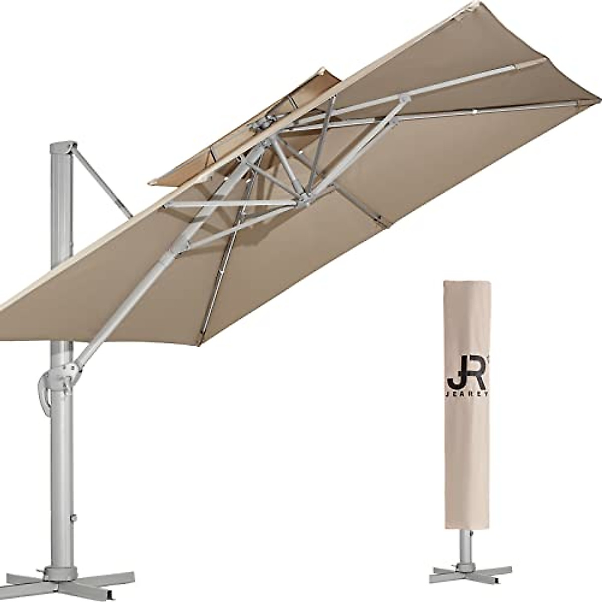 JEAREY 11FT All-Aluminum Cantilever Patio Umbrella Deluxe Large Outdoor Square Umbrella Double Top Offset Hanging Umbrella Heavy Duty Pool Umbrella with Brand Crank & 6 Gears Lift System for Deck Yard Patio Garden Lawn Market, Beige