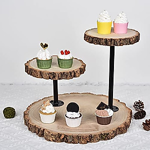 Efavormart 14" Tall | 3 Tier Rustic Wood Slice Cupcake Stand, Natural Wooden Cake Stand Dessert Display with Metal Poles