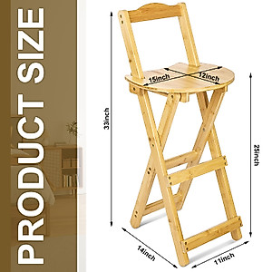 Leinuosen 2 Pieces Folding Bamboo Bar Stools with Backrest and Footrest 33 Inches Foldable Barstool Collapsible Portable Counter Height Folding Chairs with Pedals for Home, Outdoor, Kitchen