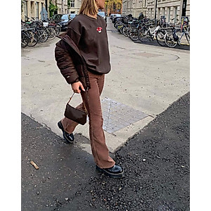 Women Long Sleeve Mushroom Embroidery Casual Oversized Crewneck Pullover Sweatshirt Tops Brown