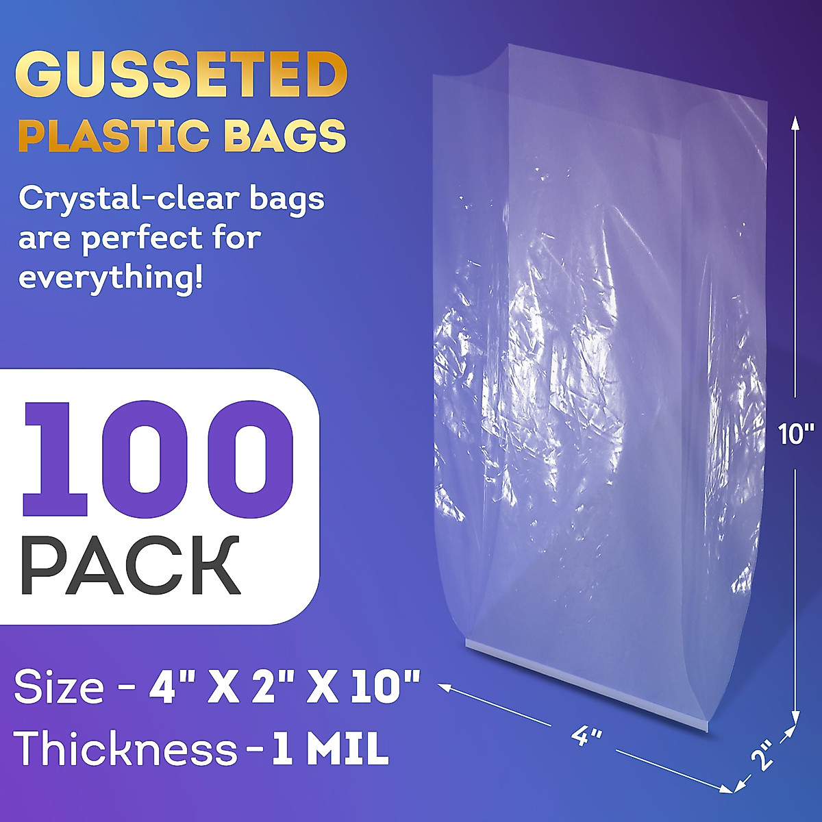 APQ Clear Gusseted Poly Bags, 4 x 2 x 10 Inch. Pack of 100 Gusseted Plastic Bags 1 Mil Thick for Favors with Open Top. Clear Plastic Bags for Packaging Cookies, Popcorn, Candies, Homemade Bread