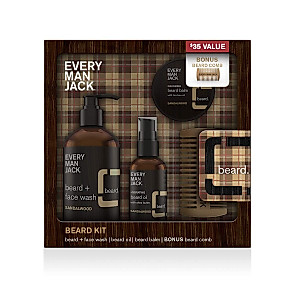 Every Man Jack Mens Sandalwood Beard Kit - Perfect for Every Guy - Includes Four Full-Sized Grooming Essentials - Beard + Face Wash, Beard Oil, Beard Balm + Beard Comb
