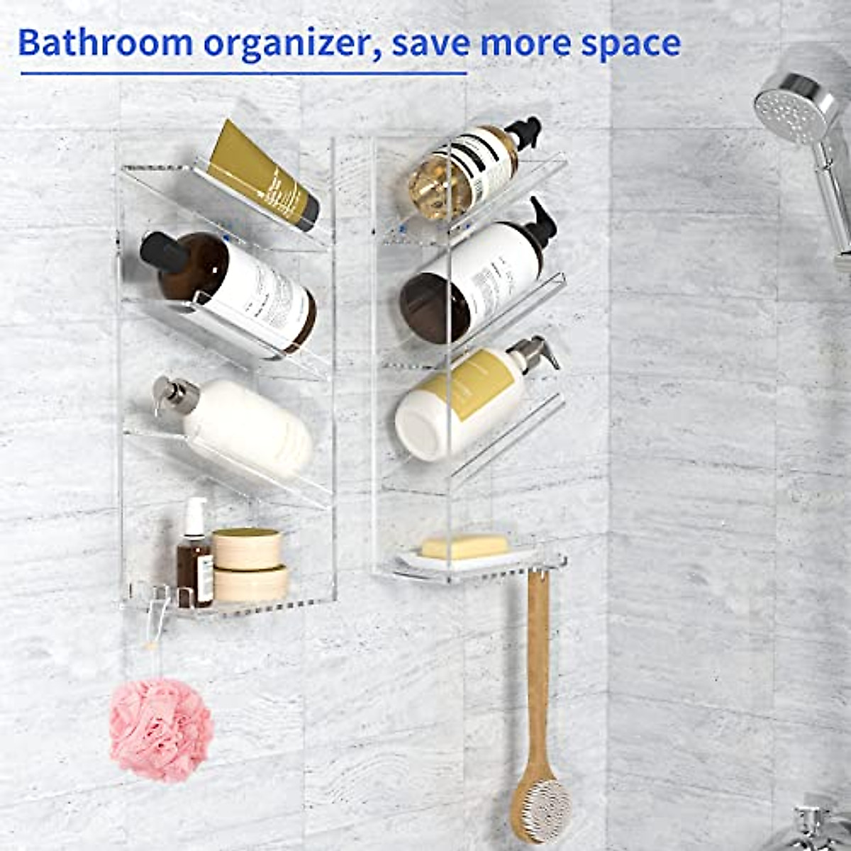 AITEE Acrylic Bathroom Organizer Shower Caddy, Clear Shampoo Holder Organizer Shelf Wall Mounted, Shower Organizer with Suction Cup, No Drilling and Rustproof, Sturdy and Durable - Combination Shelf