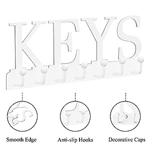 HLWDFLZ Key Holder for Wall - Wall Mounted Key Hangers with 7 Key Hooks, Wall Decorative Organizer Rack for Entryway Mudroom Front Door Kitchen Hallway Office 10 X 4 inches (White Keys)