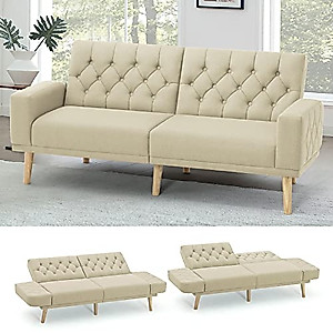 ACMEASE 70” Linen Fabric Futon Sofa Bed with Adjustable Backrests, Tufted Sleeper Couch with Convertible Armrest, 82” Extendable Loveseat Sofa with 2 Pillows for Living Room, Bedroom, Beige