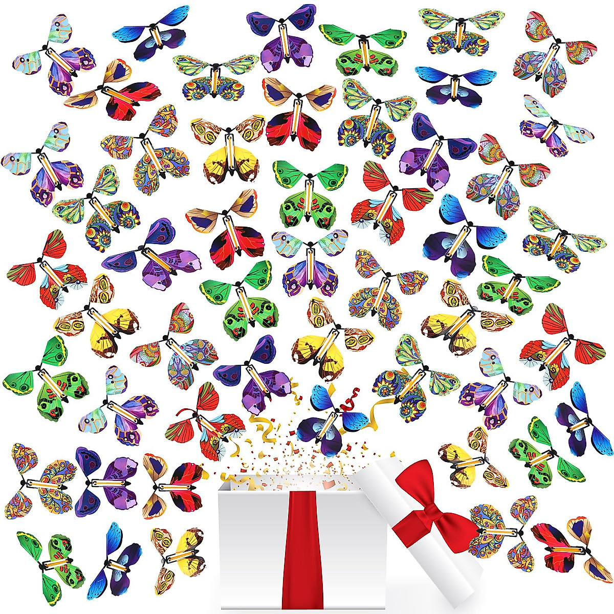 Lenwen 100 Pcs Magic Flying Butterfly Wind up Paper Butterflies That Fly Rubber Band Powered for Bookmark Card Surprise Gift Wedding Birthday Party 10 Styles, 4.41 x 4.92 Inch